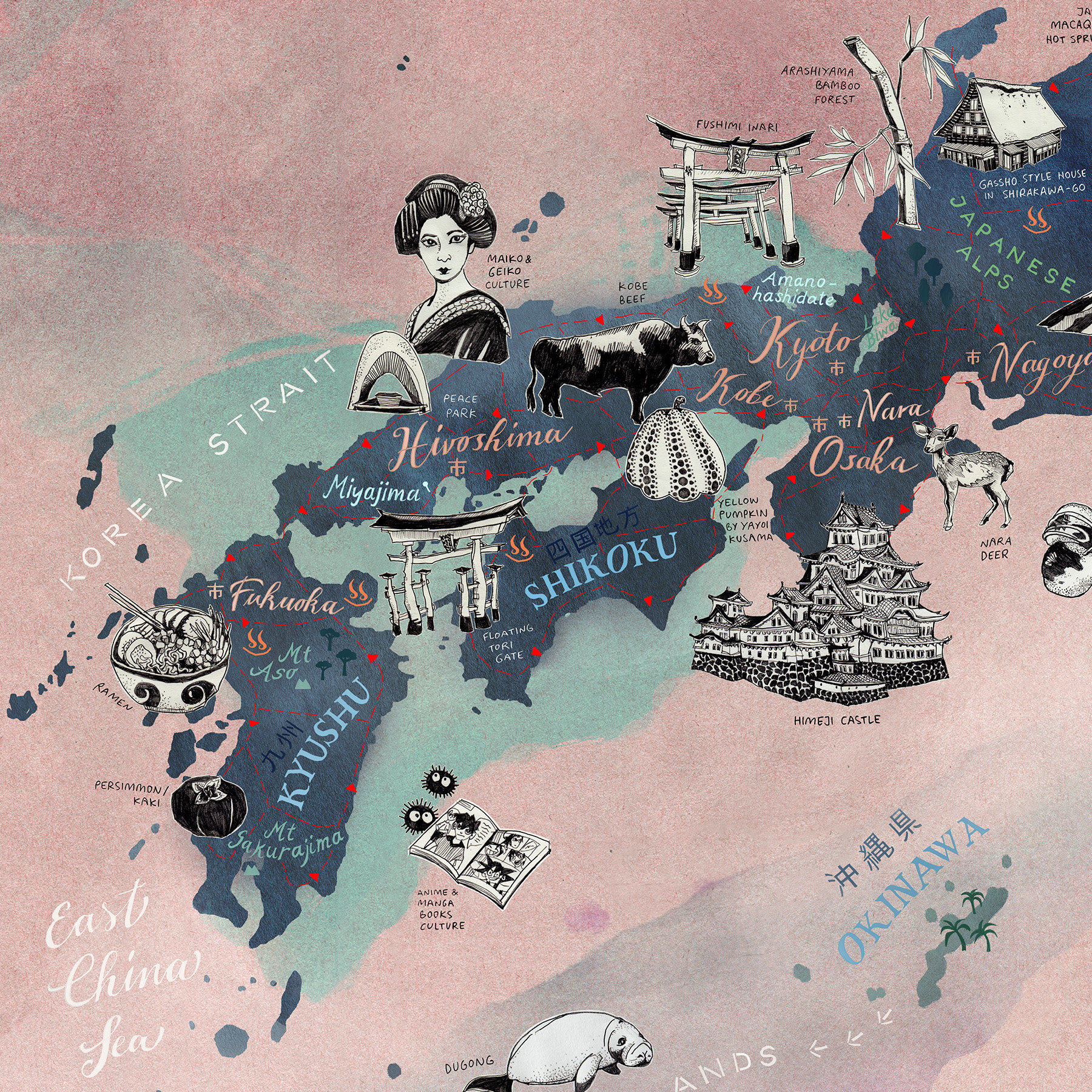 Japan Map Art Print Illustrated Map of Japan Travel - Etsy Australia