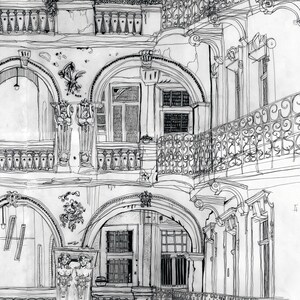 Budapest House Illustration, Panoramic Art Print, Pencil Drawing ...