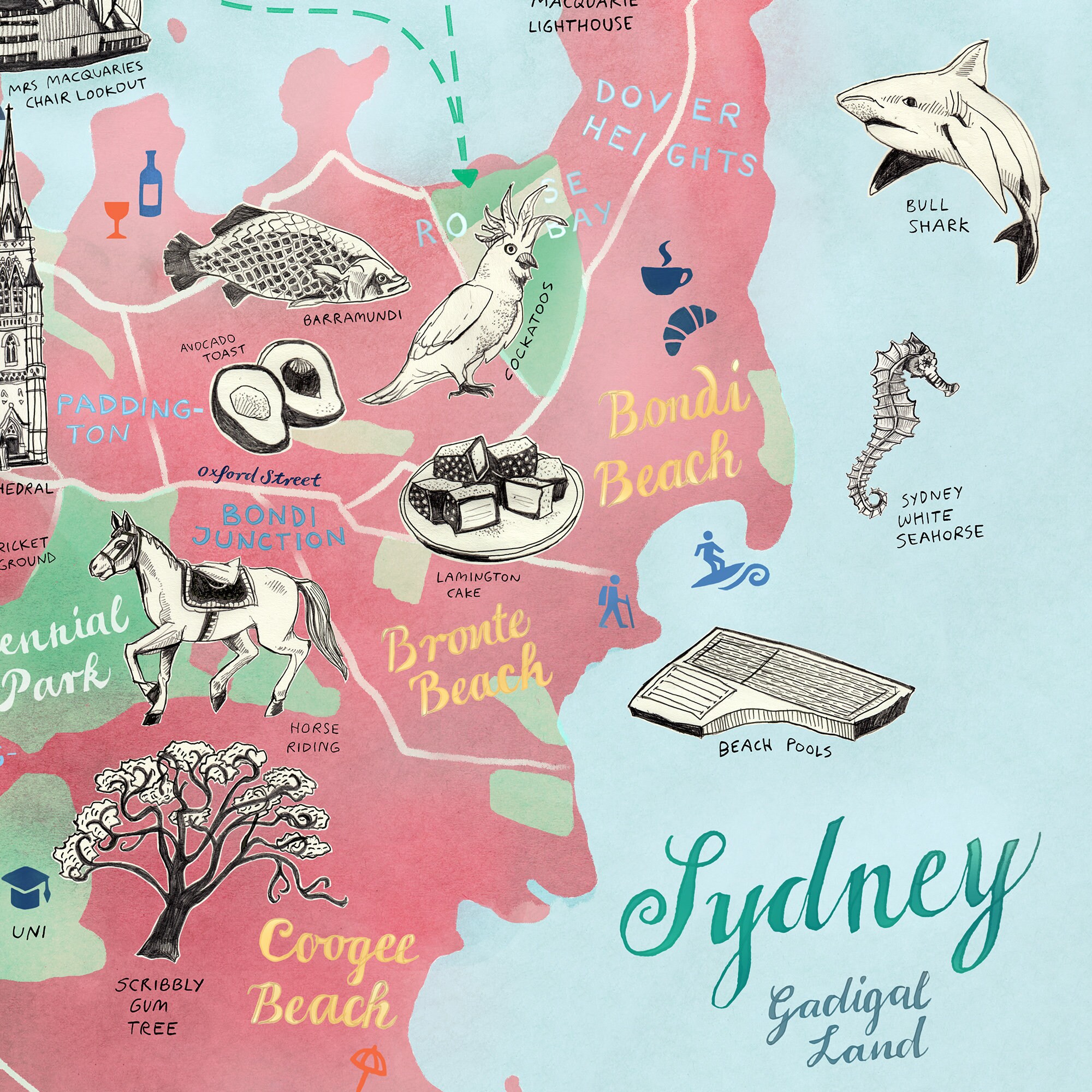 Sydney Map Australian Art Print Illustrated City Map Large | Etsy