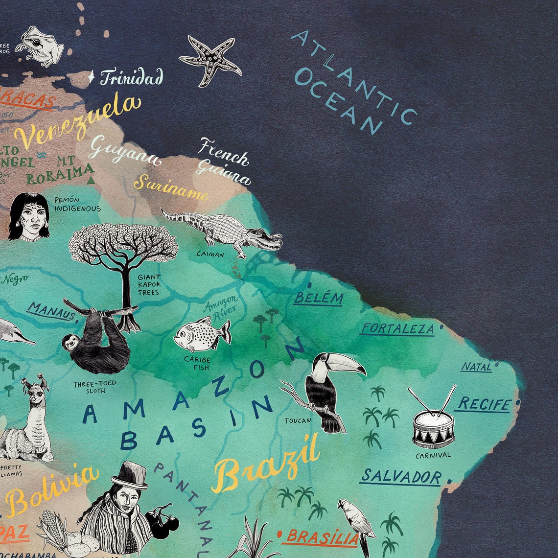 South America Map Art Print illustrated map of Latin | Etsy