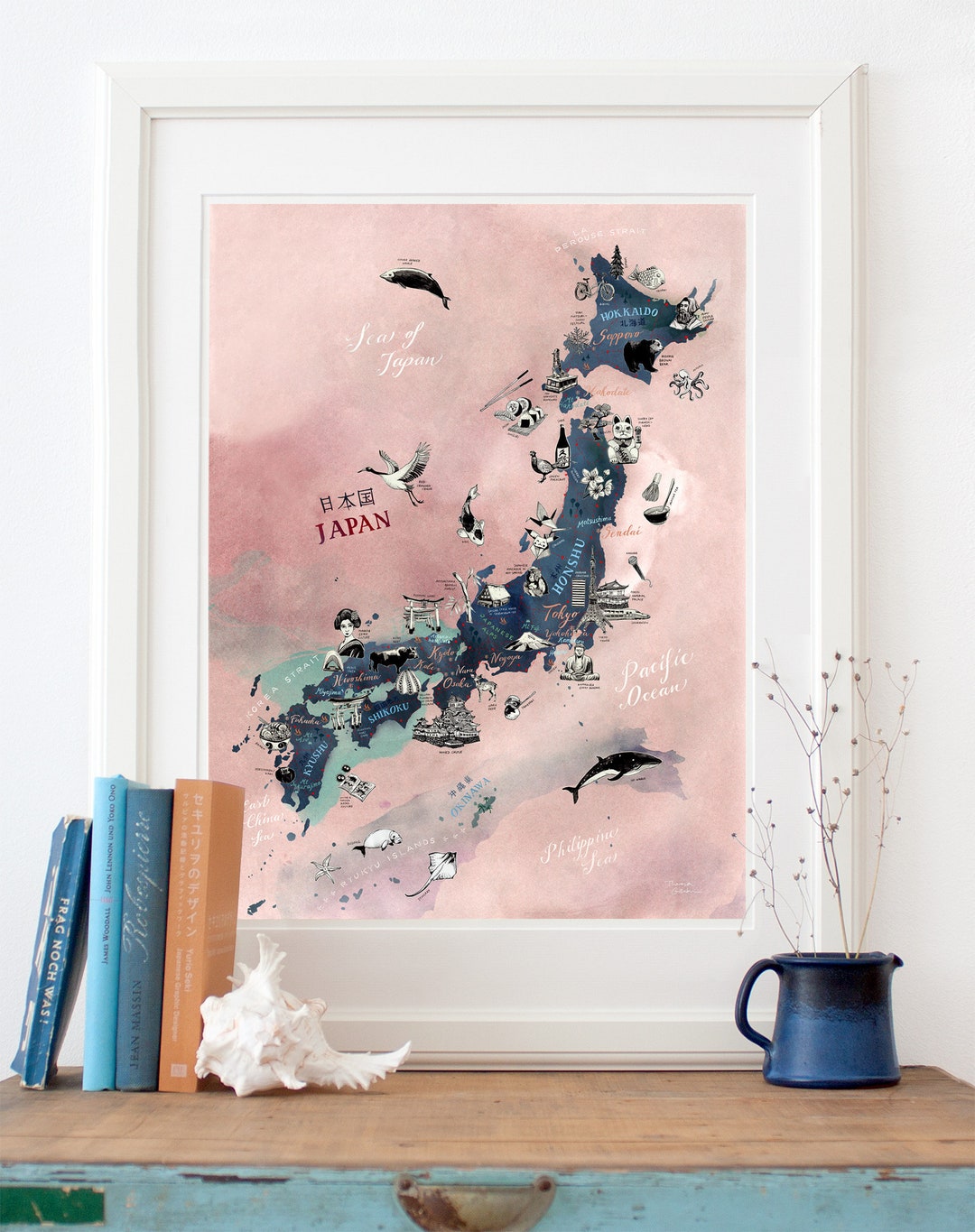 Japan Map, Art Print, Illustrated Map of Japan, Travel Illustration ...