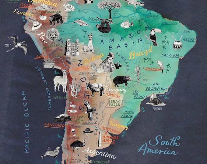 South America Map, Size A4 & 30x40cm, Art Print, Illustrated Map of ...