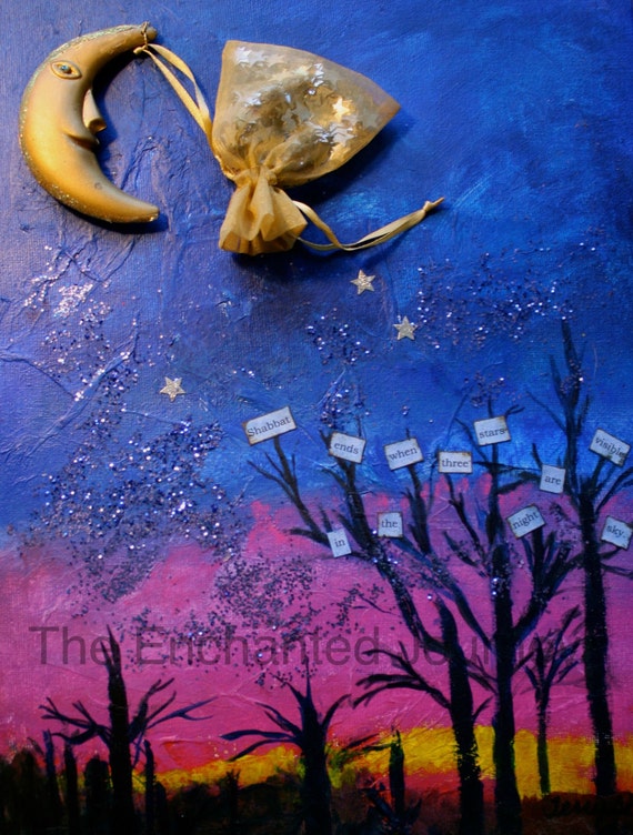 Shabbat moon stars trees Judaic Art Mixed Media FREE | Etsy