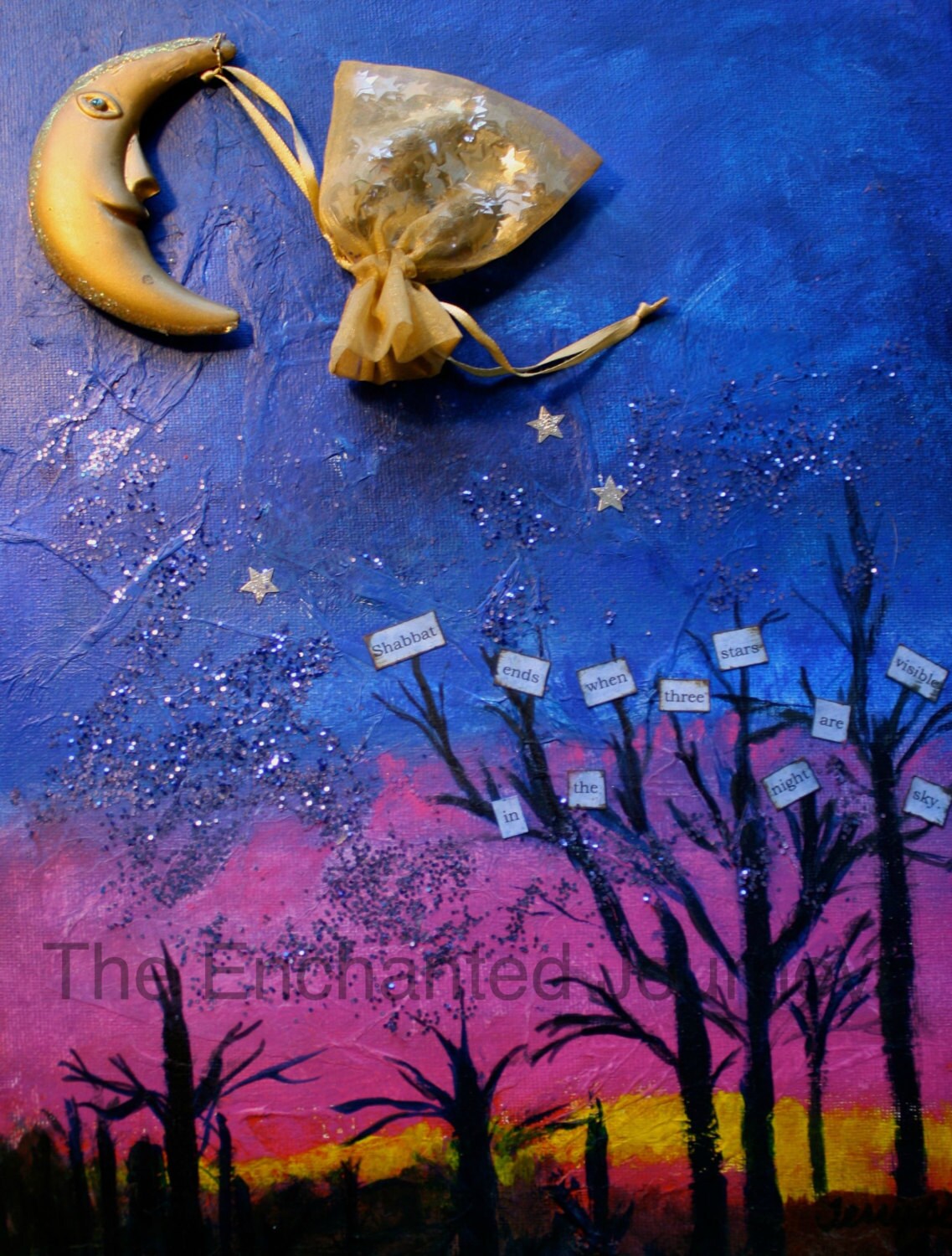 Shabbat Moon Stars Trees Judaic Art Mixed Media FREE - Etsy
