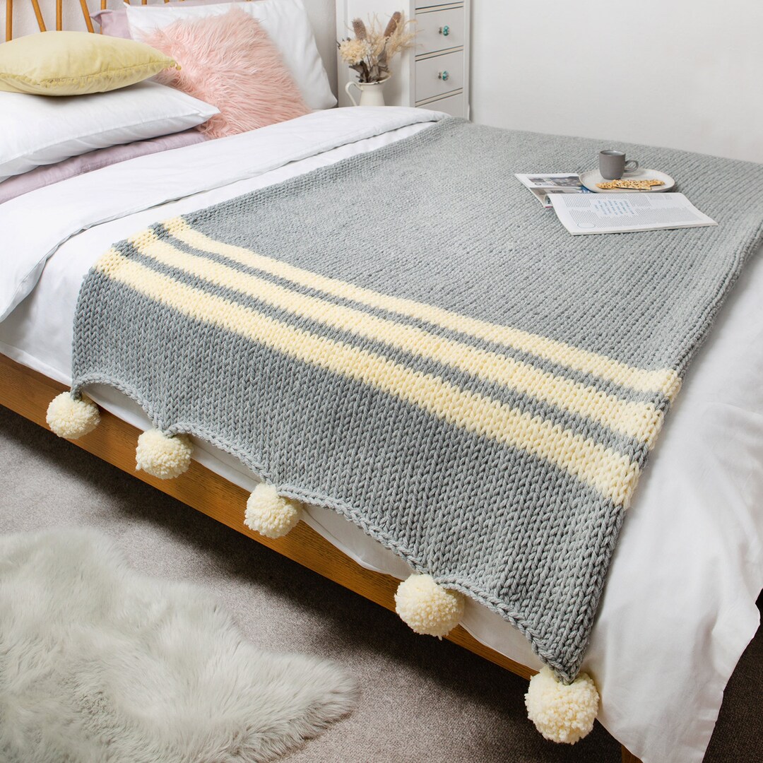 College Blanket Knitting Kit | Beginner Knitted Throw | Pom Pom Bed ...