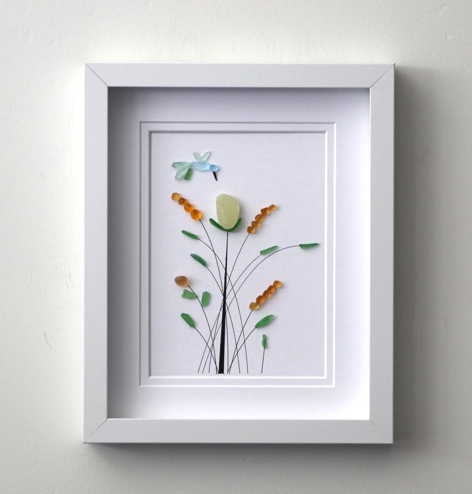 Pebble Art & Sea Glass Hummingbird and Flowers 8" X 10" Wall Art ...