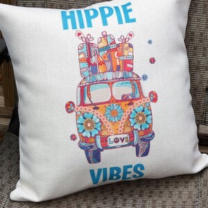 Hippie Vibes Pillow Cover 16x16, Linen Zippered Pillow Sham, Natural ...
