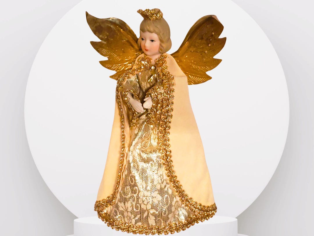 Vintage Angel Christmas Tree Topper; Porcelain, Beige Gold Gown ...