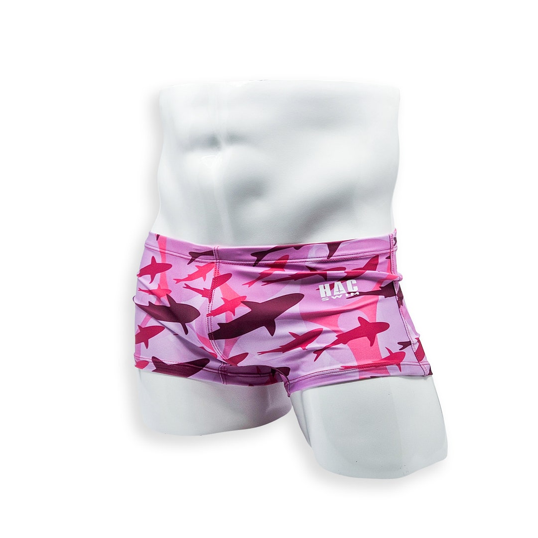 Mens Swimsuit Box Cut Swim Trunk In Pink Shark Print For Swimming Aesthetic Bodybuilding Posing