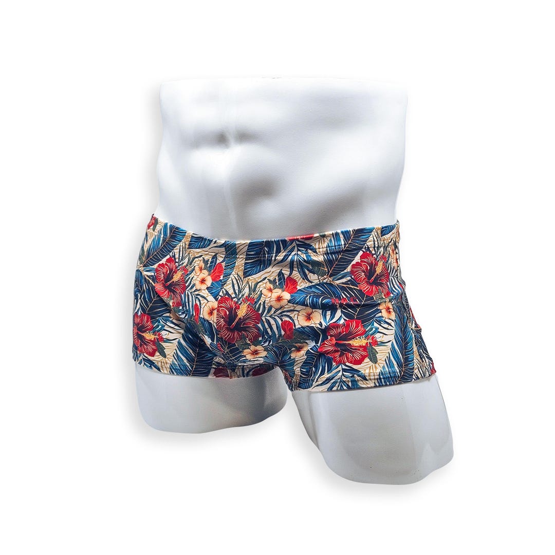Mens Swimsuit Box Cut Swim Trunk in Hibiscus Print for Swimming ...