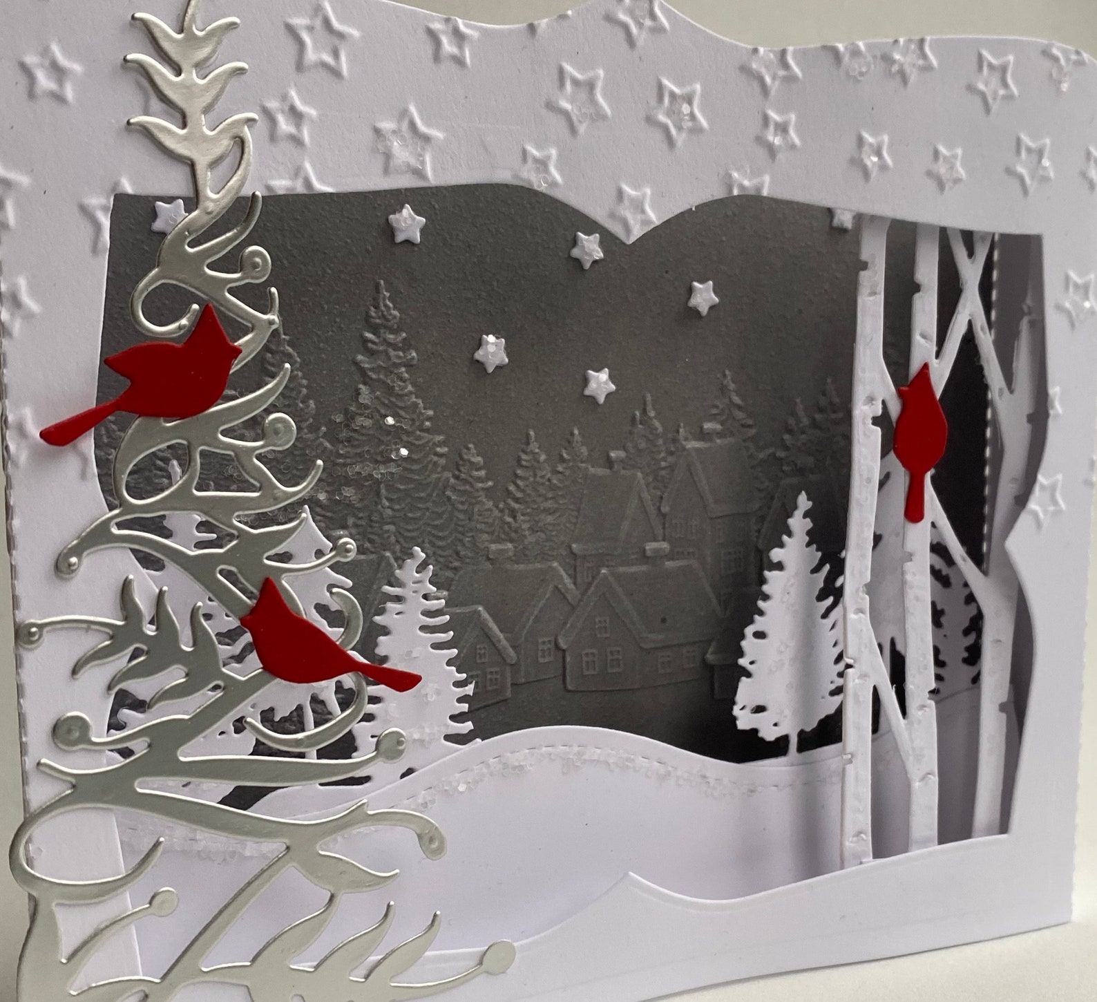 Unique 3D Village Scene With Cardinals Box Card, Hand Made Christmas ...