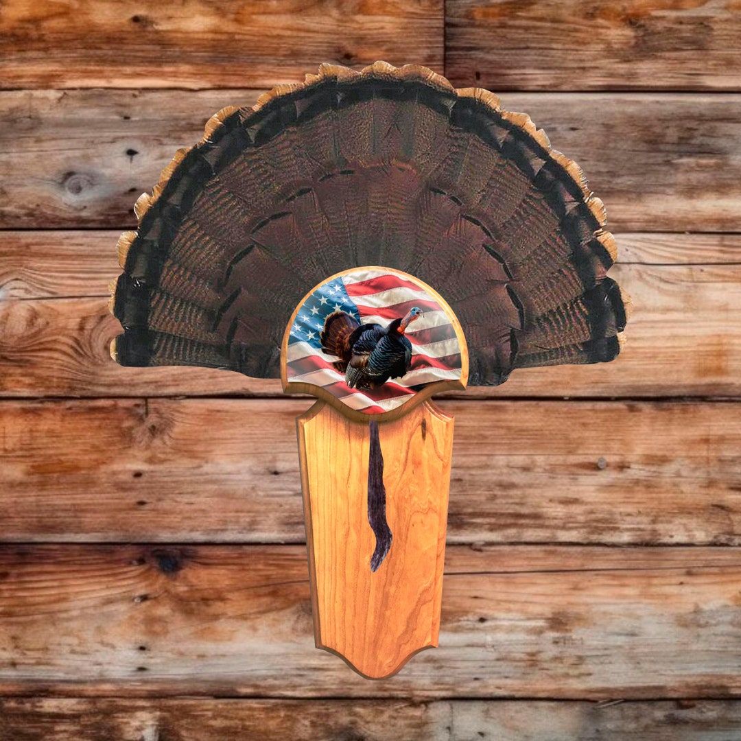 Turkey Fan Mount Gobbling Turkey American Flag Wood Plaque Wall Hanging ...