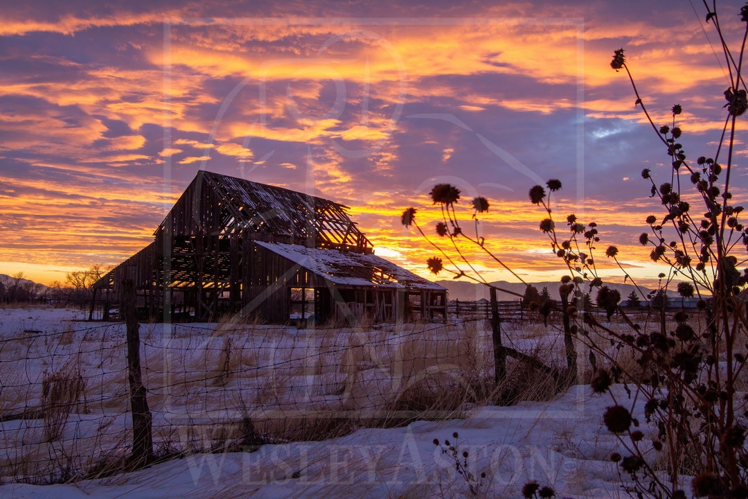 Mapleton Rustic Barn, Winter Sunset Photography, Digital Download ...