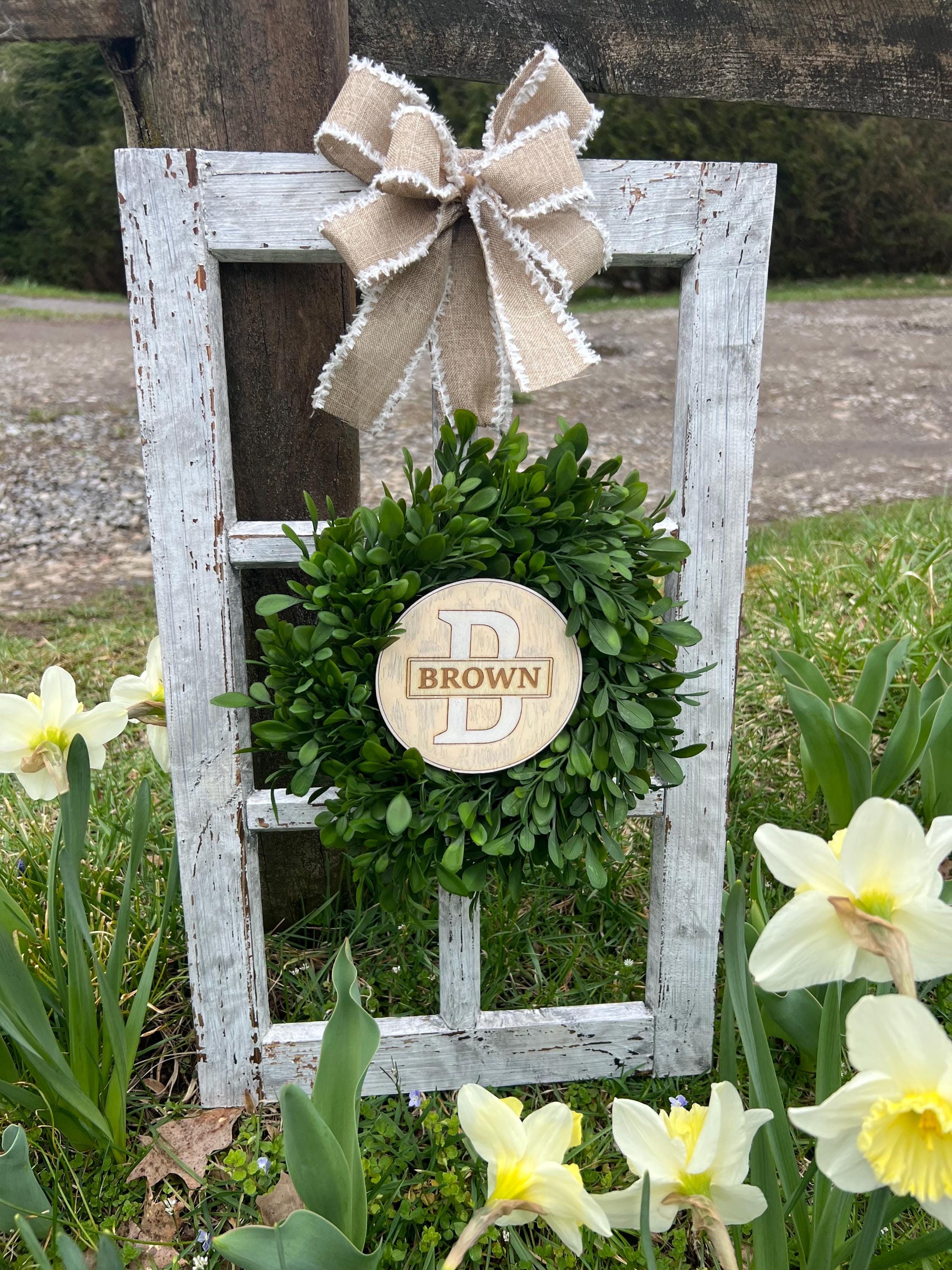Decorative, Window Frame, With Greenery and Burlap Bow. the Wooden Name ...