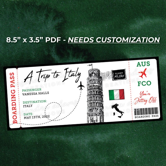 Italy Boarding Pass 8.5x3.5 PDF CUSTOMIZATION - Etsy