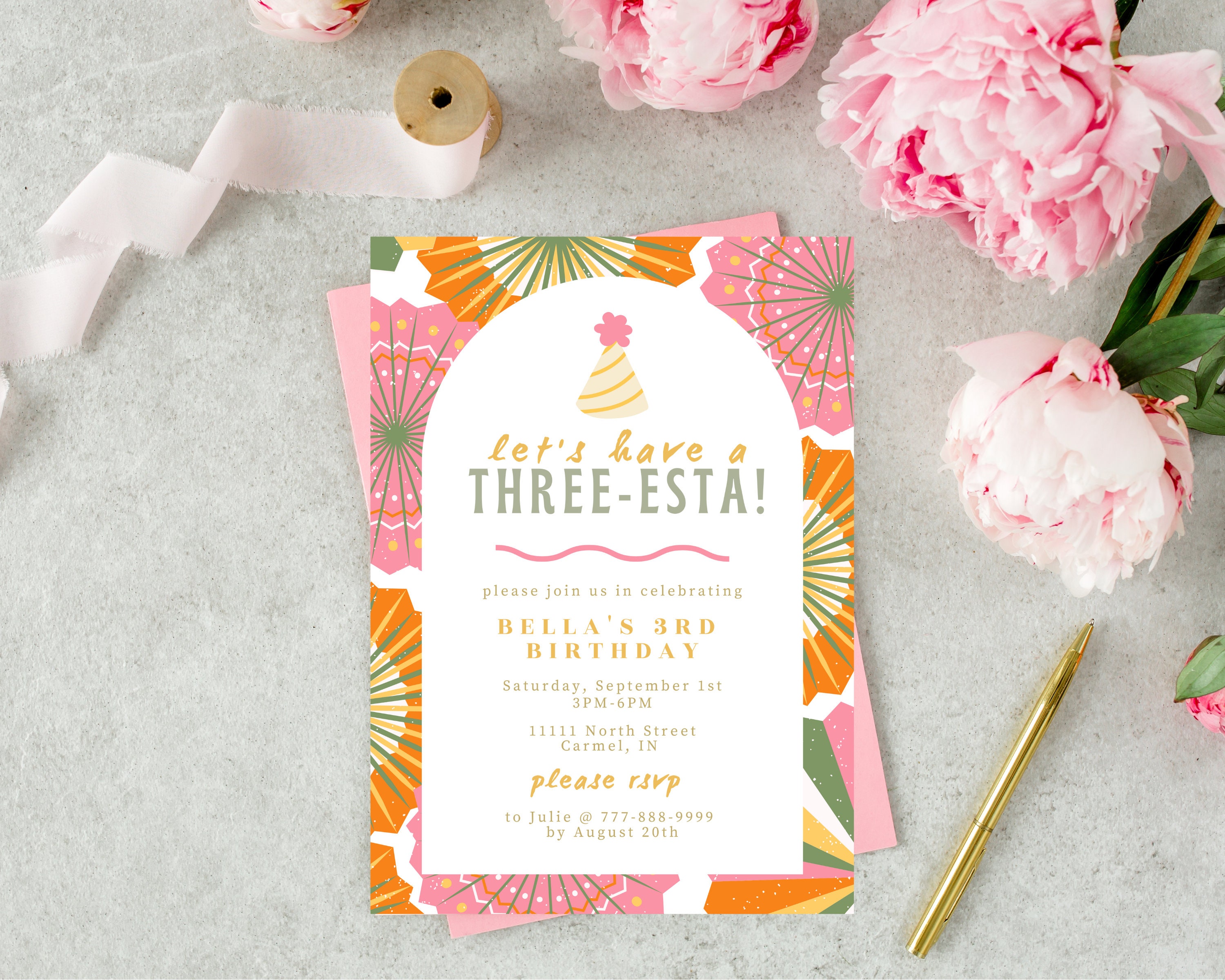 Three Esta Birthday Invitation, 3 Year Old Invite Editable Template ...