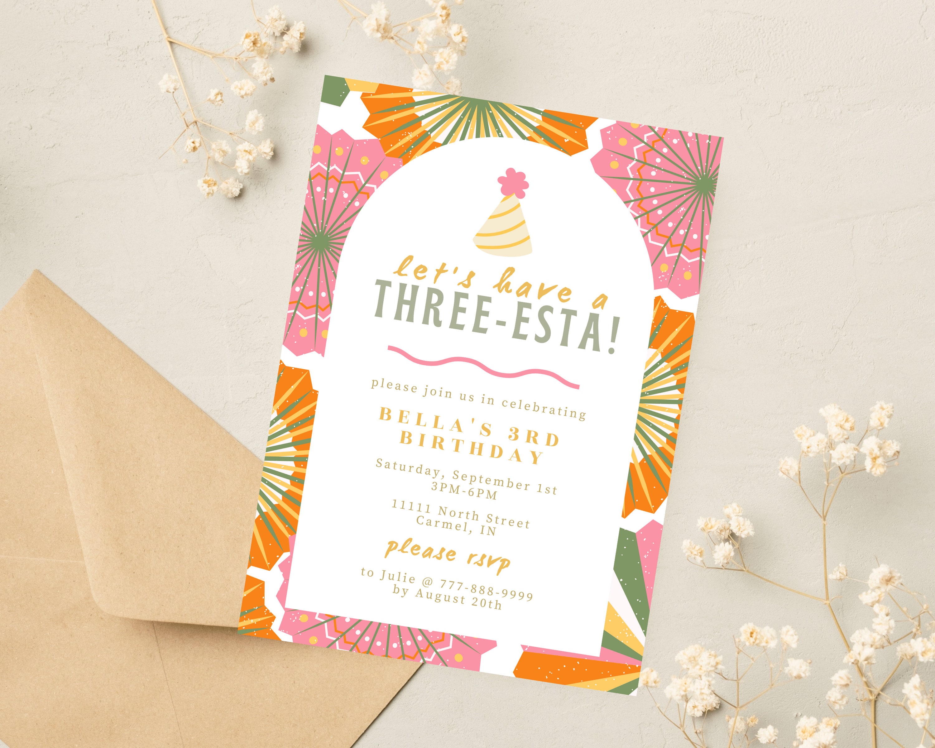 Three Esta Birthday Invitation, 3 Year Old Invite Editable Template ...