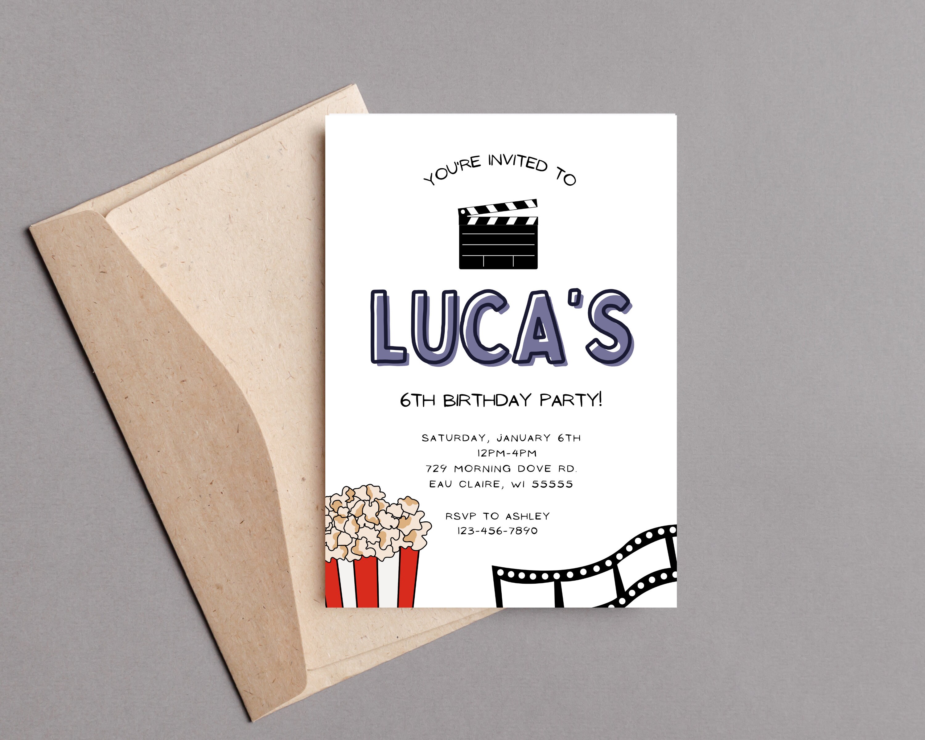 Movie Birthday Party Invitation, Movie Night Party, Popcorn Birthday ...