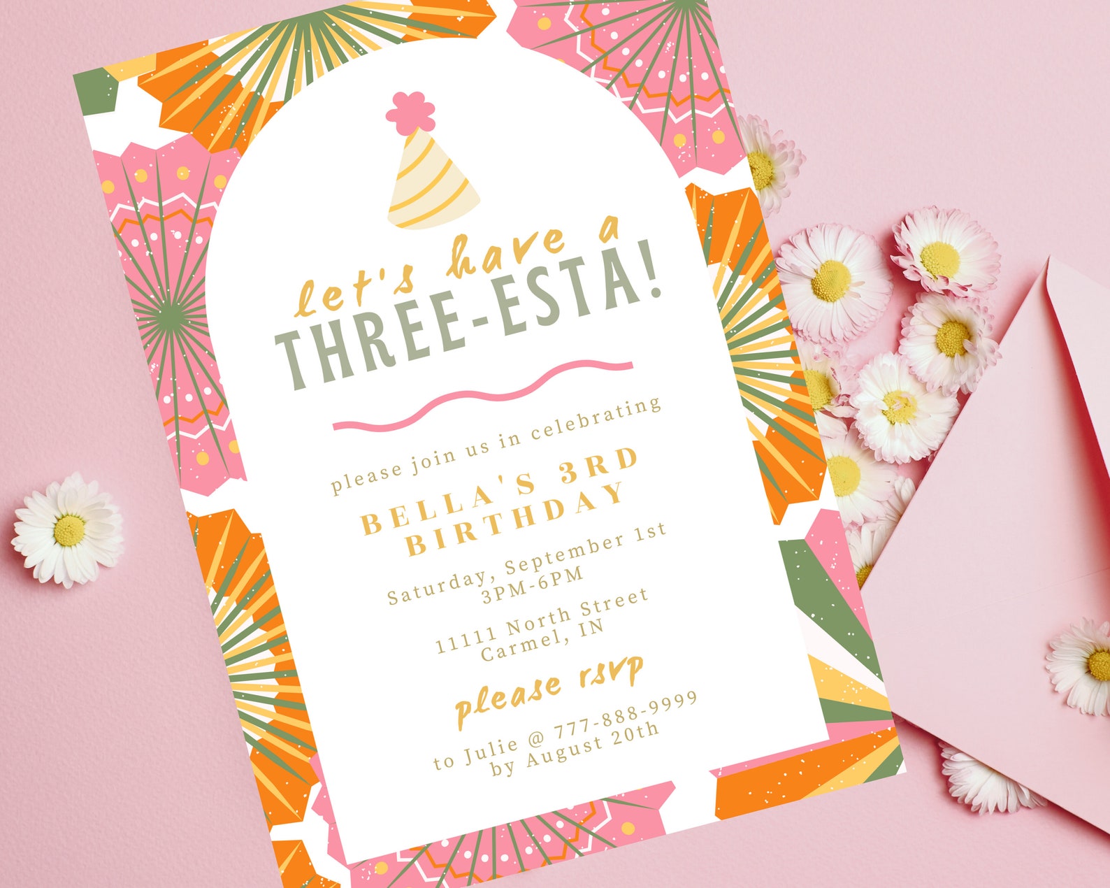 Three Esta Birthday Invitation, 3 Year Old Invite Editable Template ...