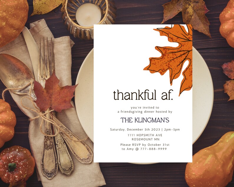Thankful AF Funny Friendsgiving Party Invite Thanksgiving Invites Happy ...