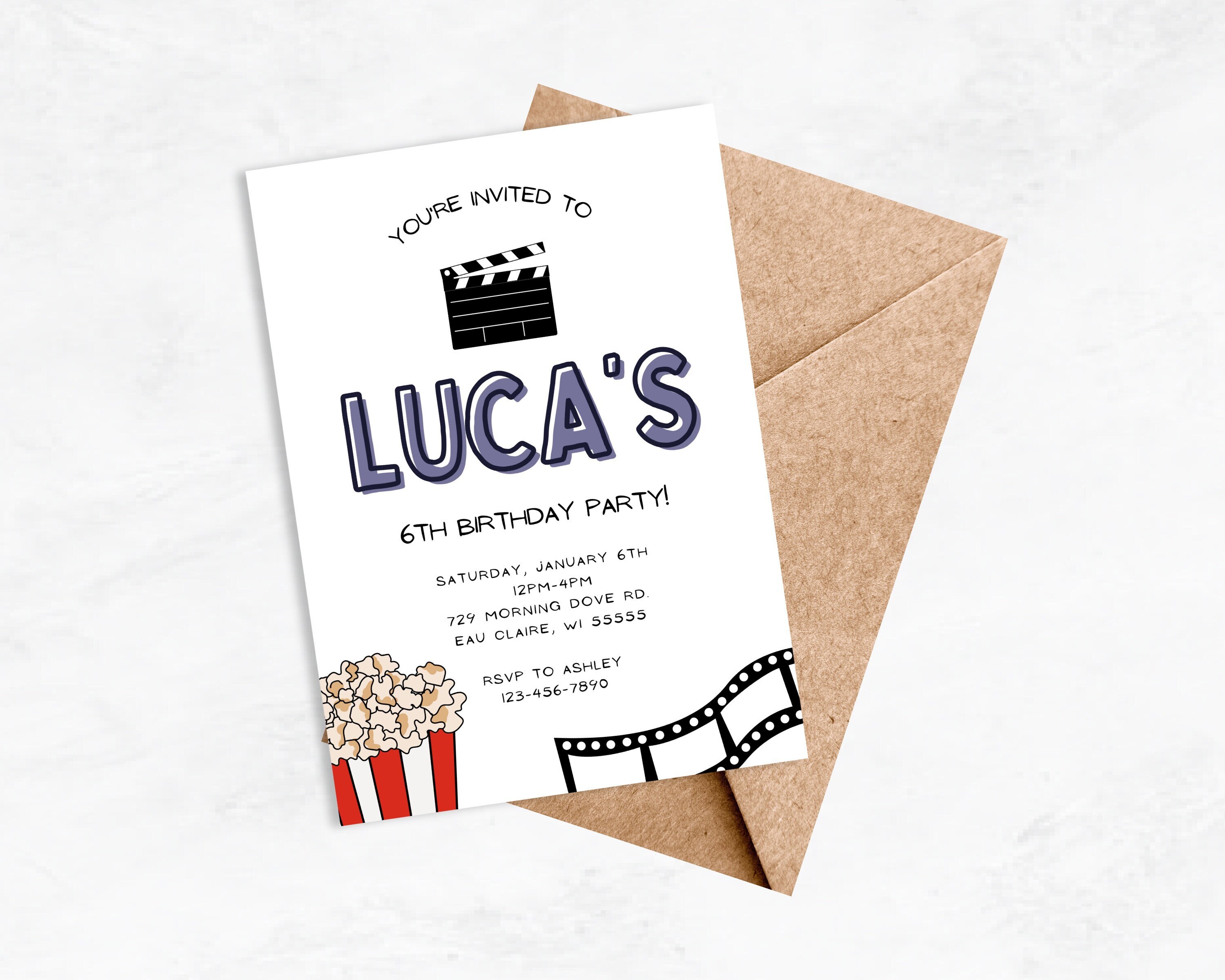 Movie Birthday Party Invitation, Movie Night Party, Popcorn Birthday ...