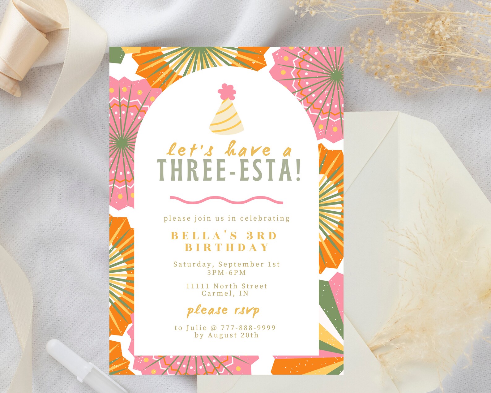 Three Esta Birthday Invitation, 3 Year Old Invite Editable Template ...