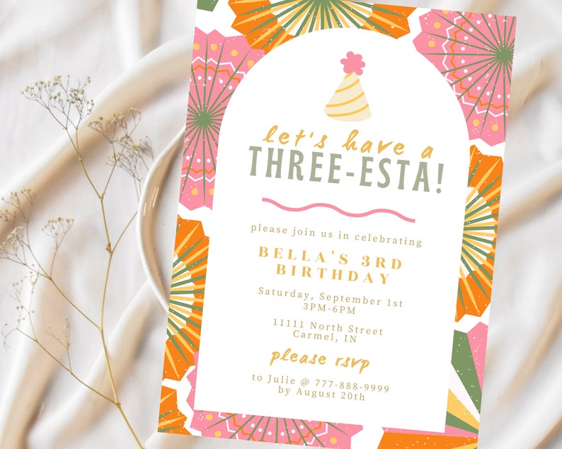 Three Esta Birthday Invitation, 3 Year Old Invite Editable Template ...