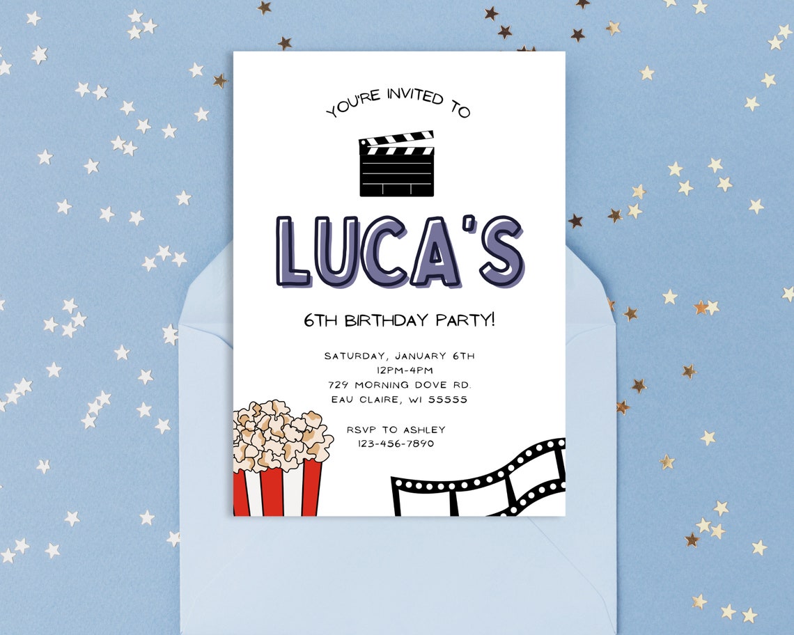 Movie Birthday Party Invitation, Movie Night Party, Popcorn Birthday ...