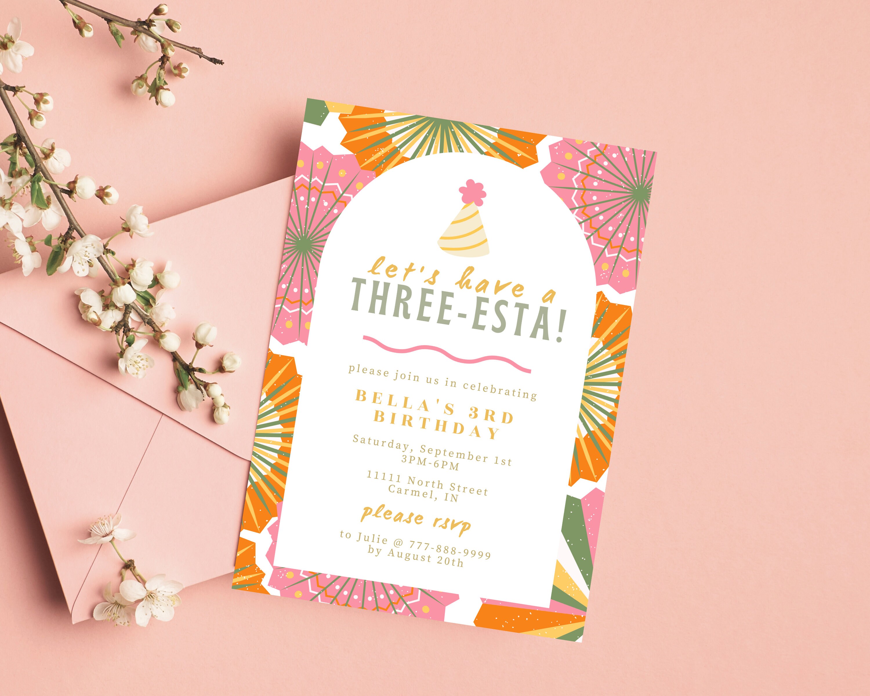 Three Esta Birthday Invitation, 3 Year Old Invite Editable Template ...