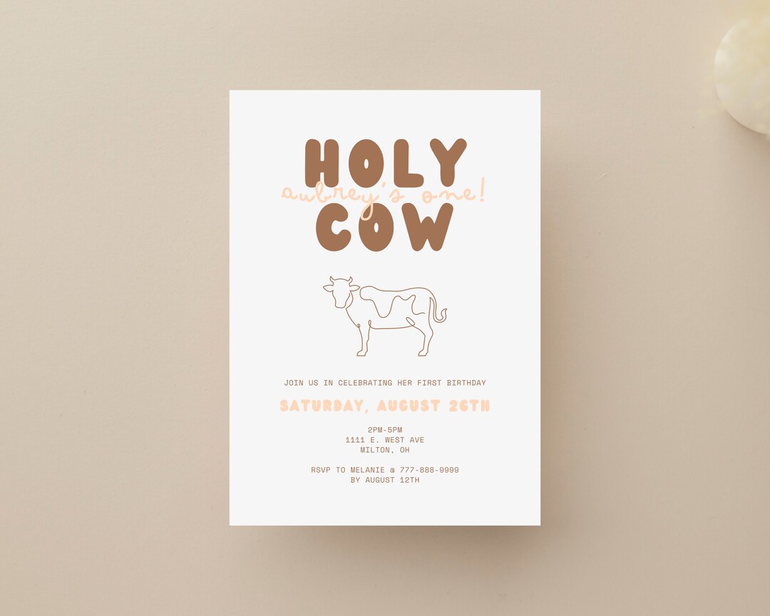 Holy Cow I'm One Birthday Party Invite, Girls Birthday Party Invitation ...