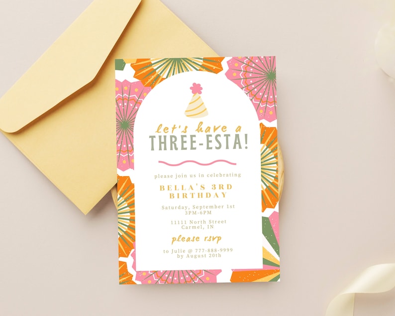 Three Esta Birthday Invitation, 3 Year Old Invite Editable Template ...