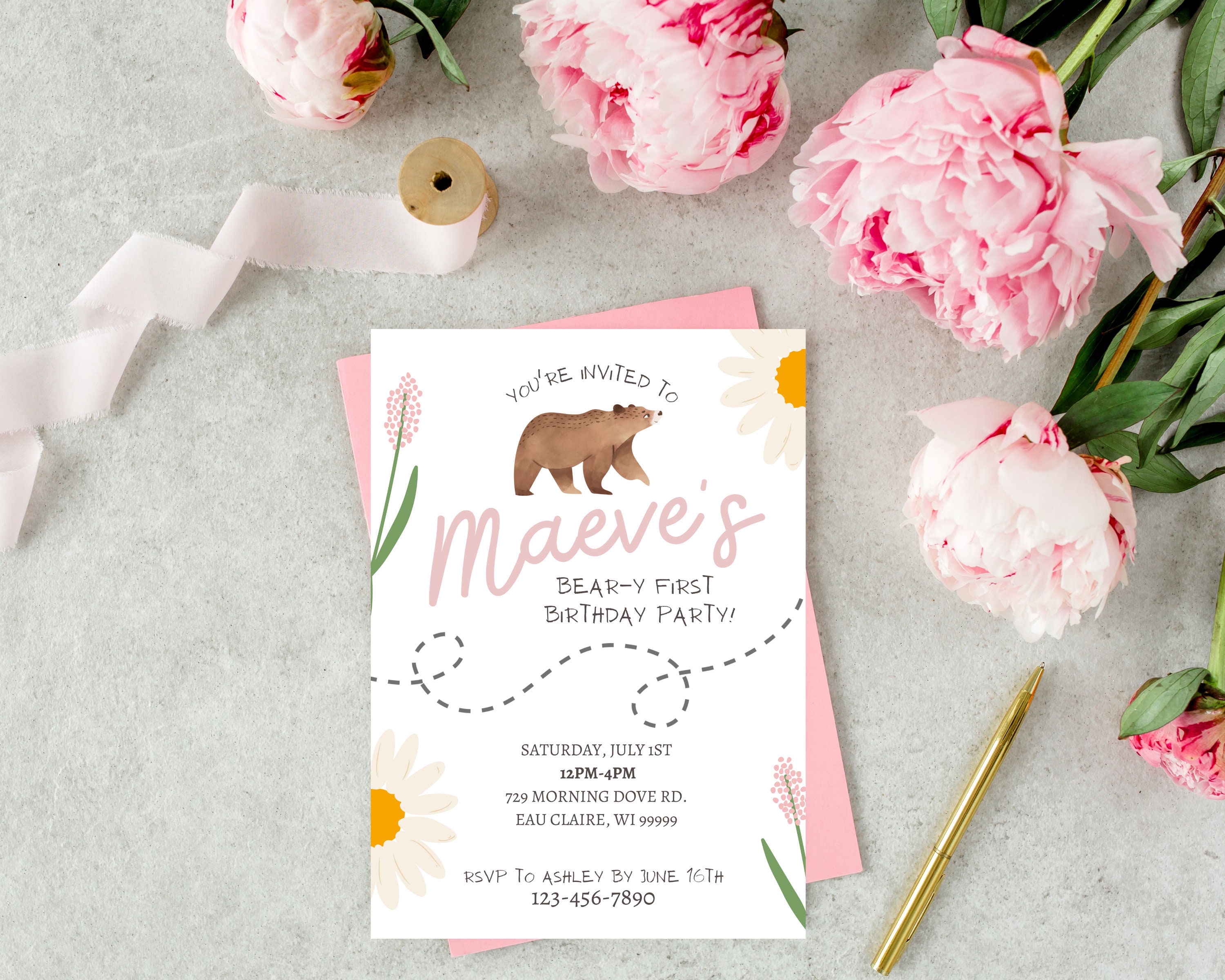 Beary First Birthday Invitation Template, Editable Beary 1st Birthday ...
