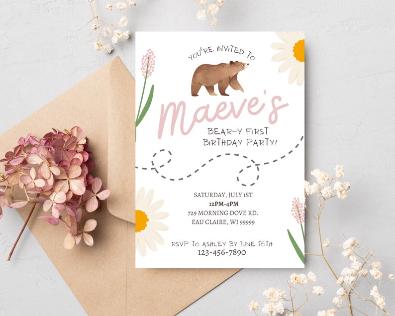 Beary First Birthday Invitation Template, Editable Beary 1st Birthday ...
