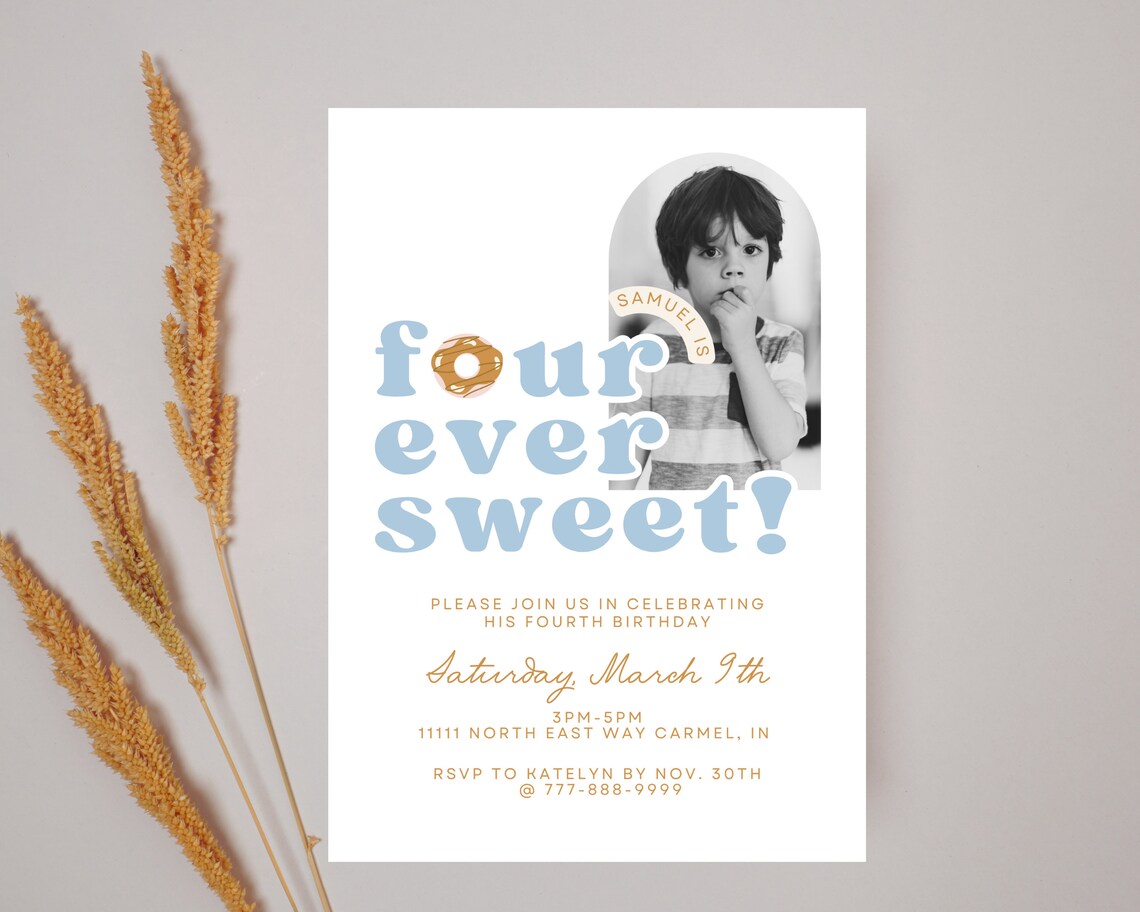 Four Ever Sweet Birthday Party Invite, 4th Birthday Invite, Donut ...