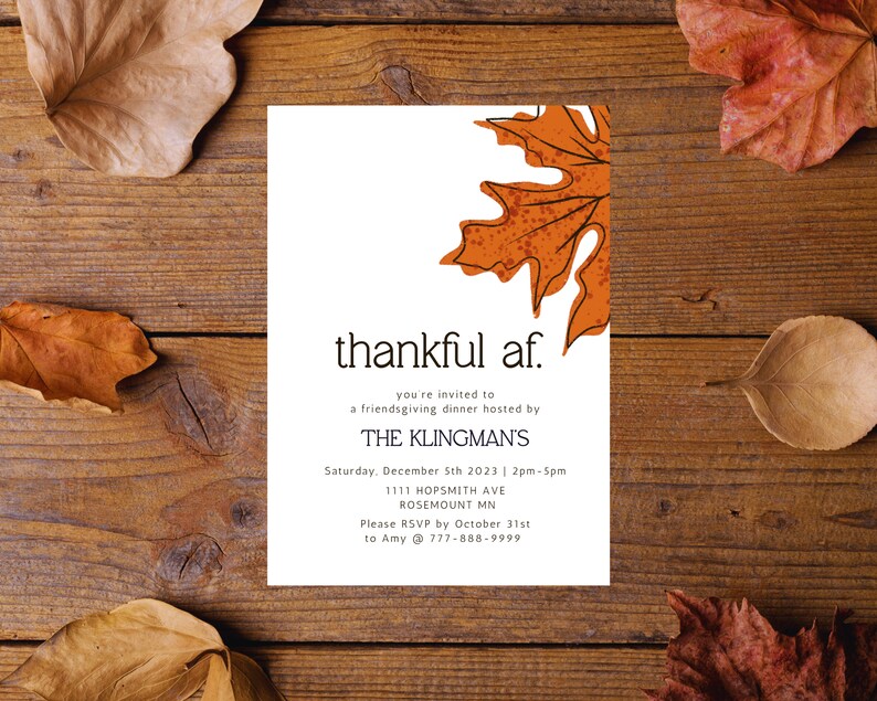 Thankful AF Funny Friendsgiving Party Invite Thanksgiving Invites Happy ...