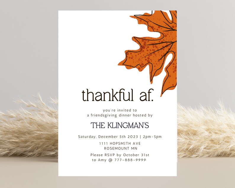 Thankful AF Funny Friendsgiving Party Invite Thanksgiving Invites Happy ...