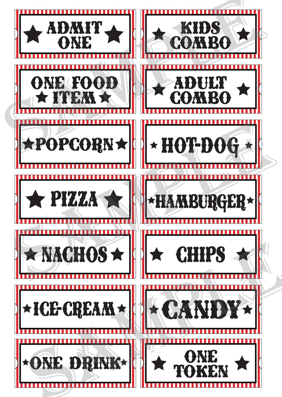 Food & Drink Token Carnival Event Theme Tickets Movie Night Tokens ...