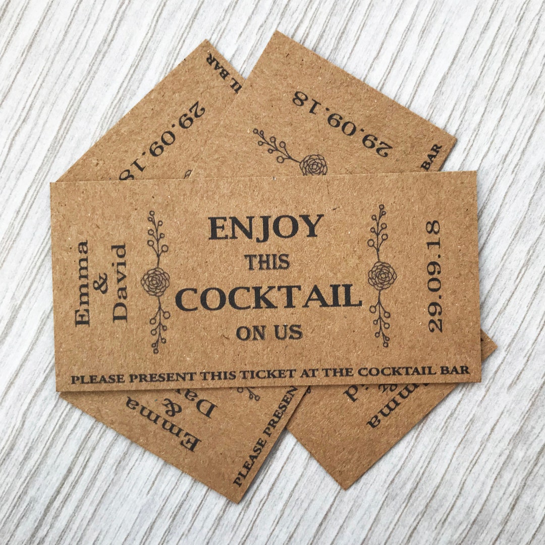 Wedding Cocktail Drink Tokens Personalised Tickets Qty 50 - Brown Kraft ...
