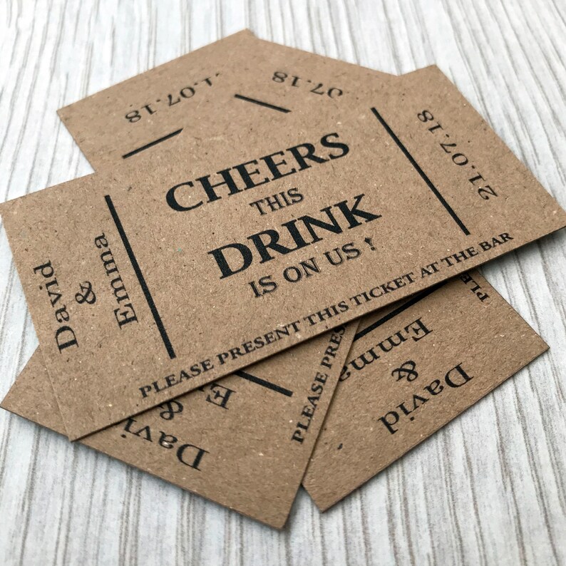 Wedding Drink Voucher Tickets Personalised Brown Kraft Coupon - Cheers ...