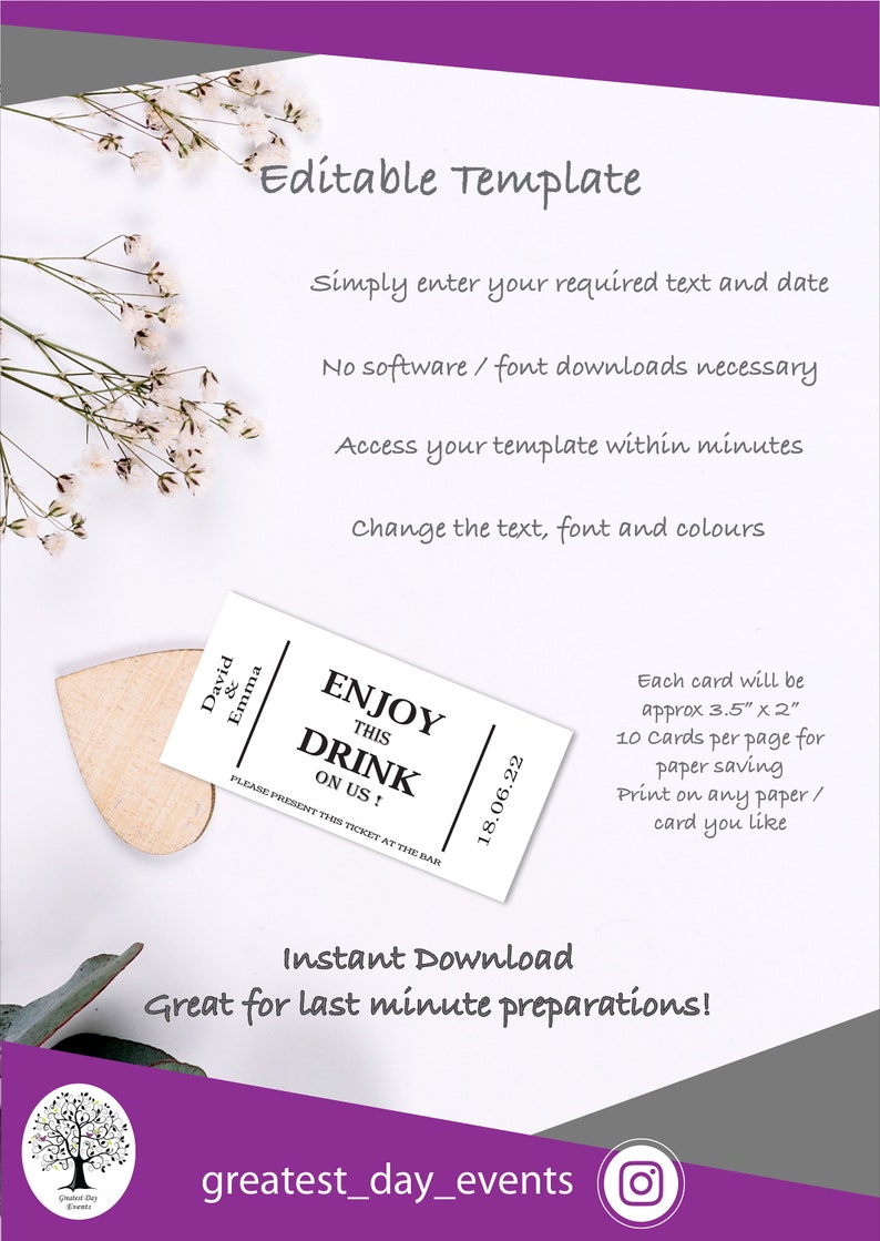 Modern Wedding Drink Ticket Template Drink Voucher Drink Token for ...