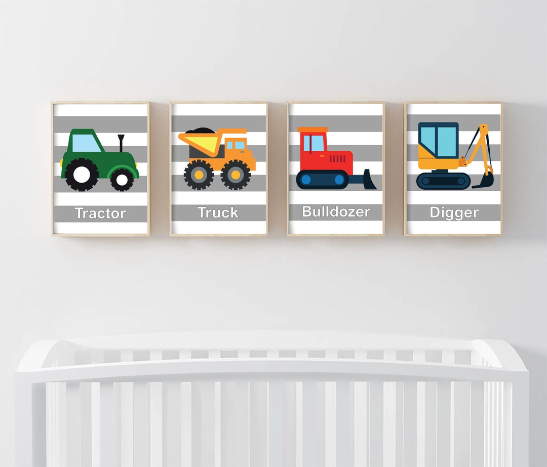 Nursery Pictures Vehicle Theme Print Set of 4 Prints Fun Truck Digger ...