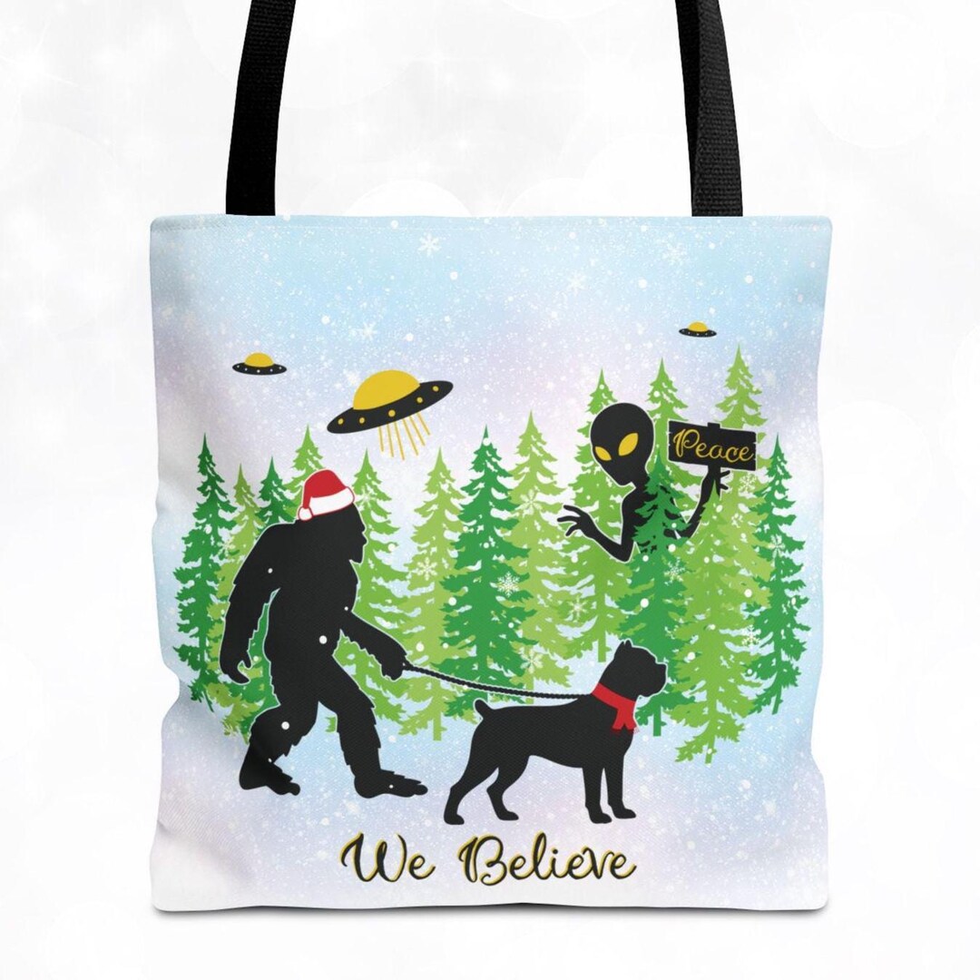 Cane Corso, Bigfoot and UFO Tote Bag | Dog Mom Christmas Forest Alien ...