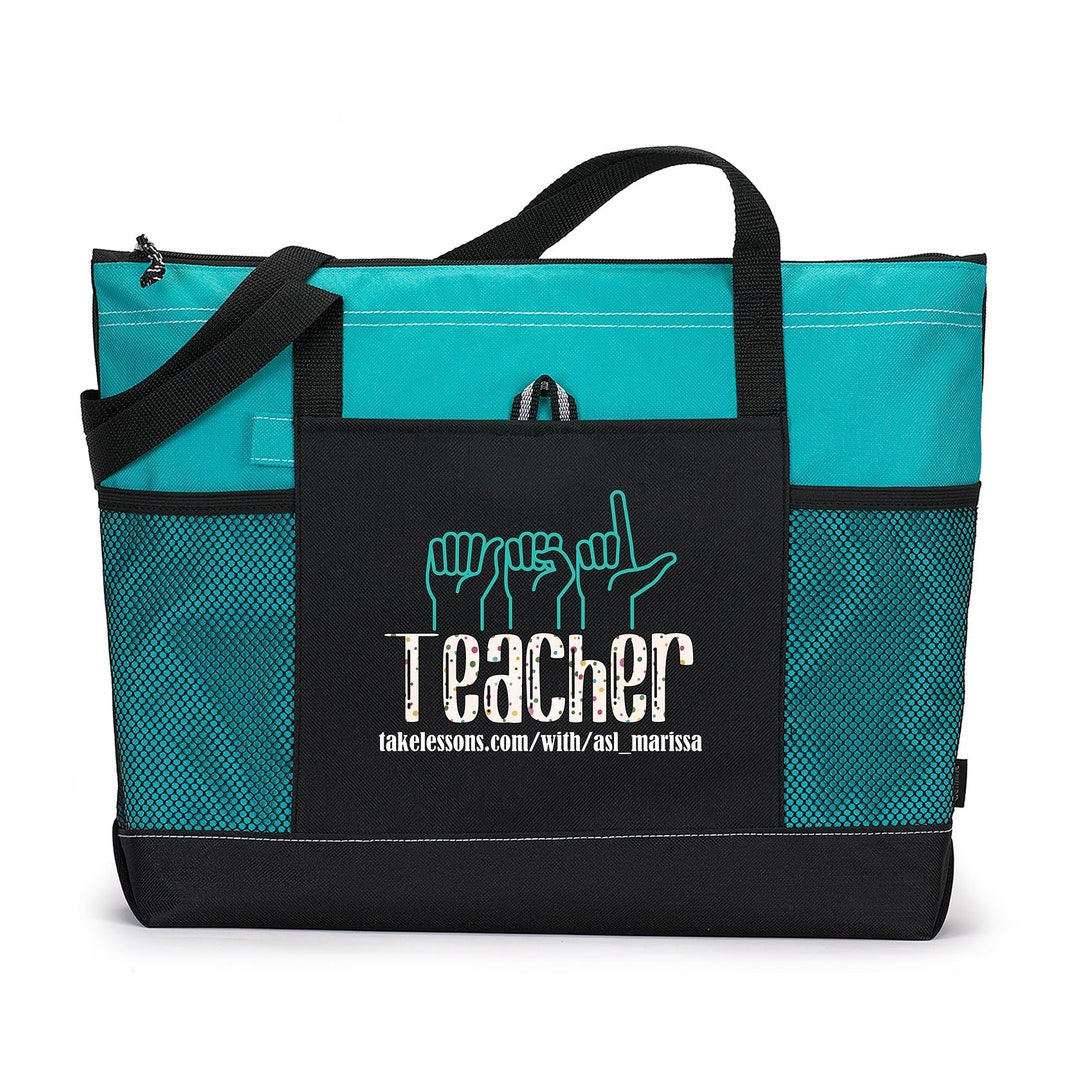 Personalized ASL Teacher Sign Language Printed Tote With Mesh Pockets ...