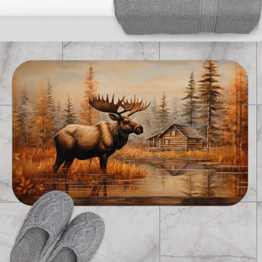 Rustic Cabin With Moose Bath Mat - Non-slip Rug, Bathroom Decor, Half ...