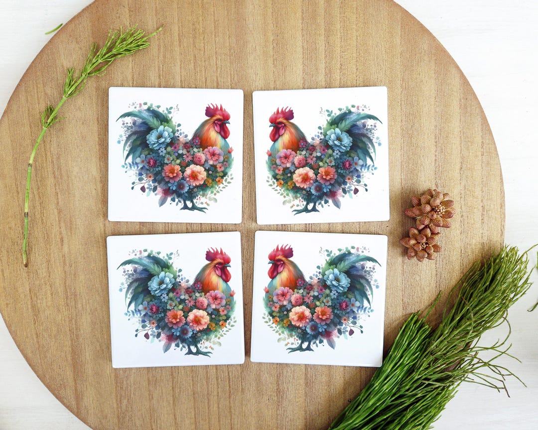 Floral Rooster Custom Ceramic Tile Coaster Set of 4, Gift for Chicken ...