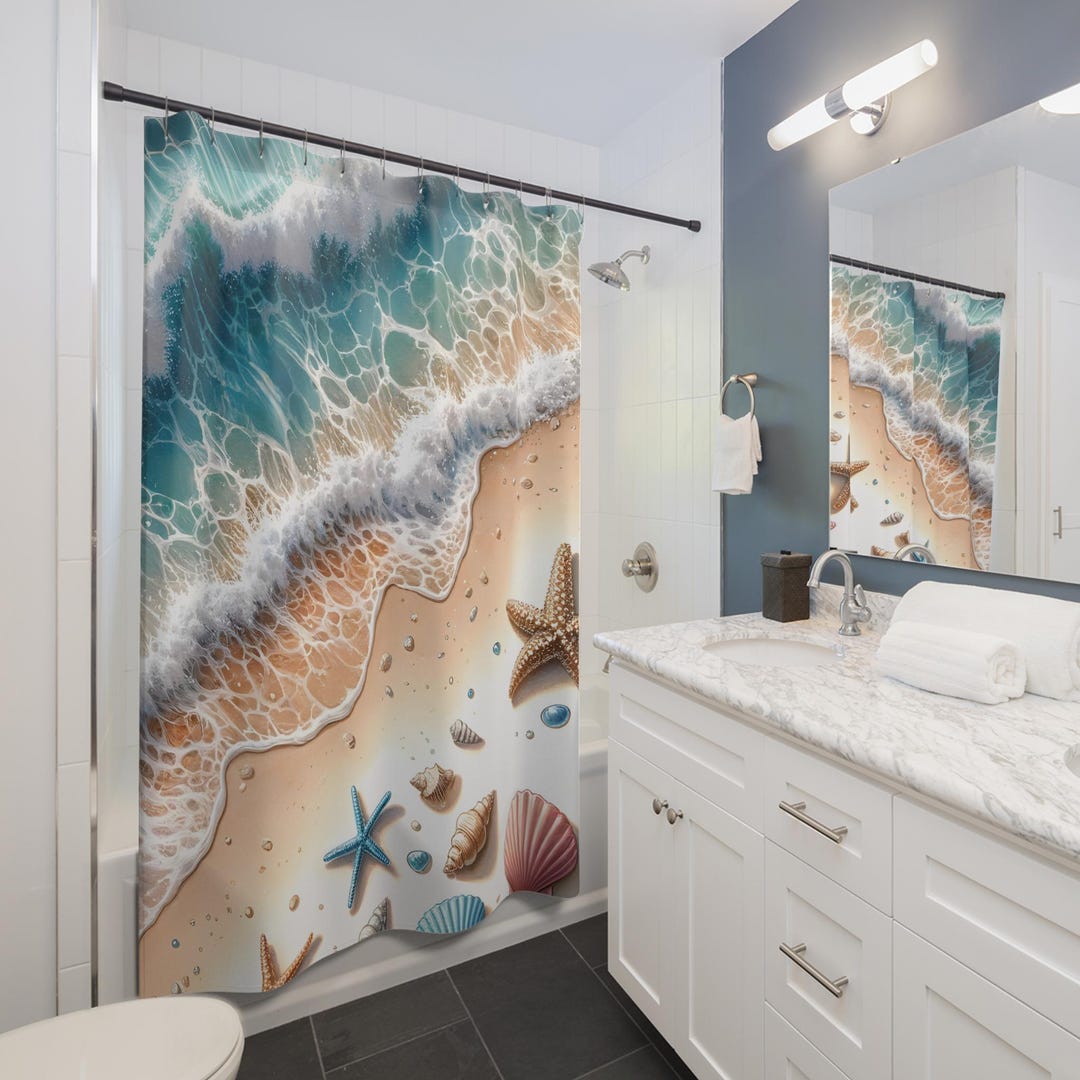 Sea Shells in the Waves Shower Curtain, Bath Decor, Beach Decor, Ocean ...