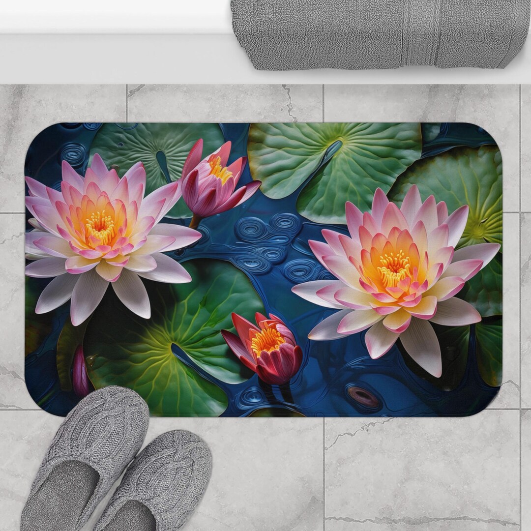 Lotus Flowers on an Emerald Blue Pond Bath Mat, Home Accent Rug, Non ...