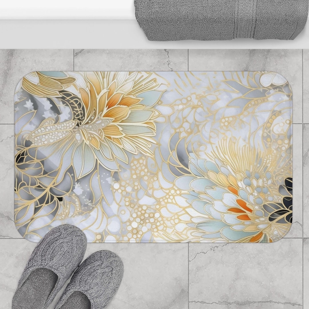 Japanese Style Gold and Silver Floral Bath Accent Rug - Non-slip Bath ...