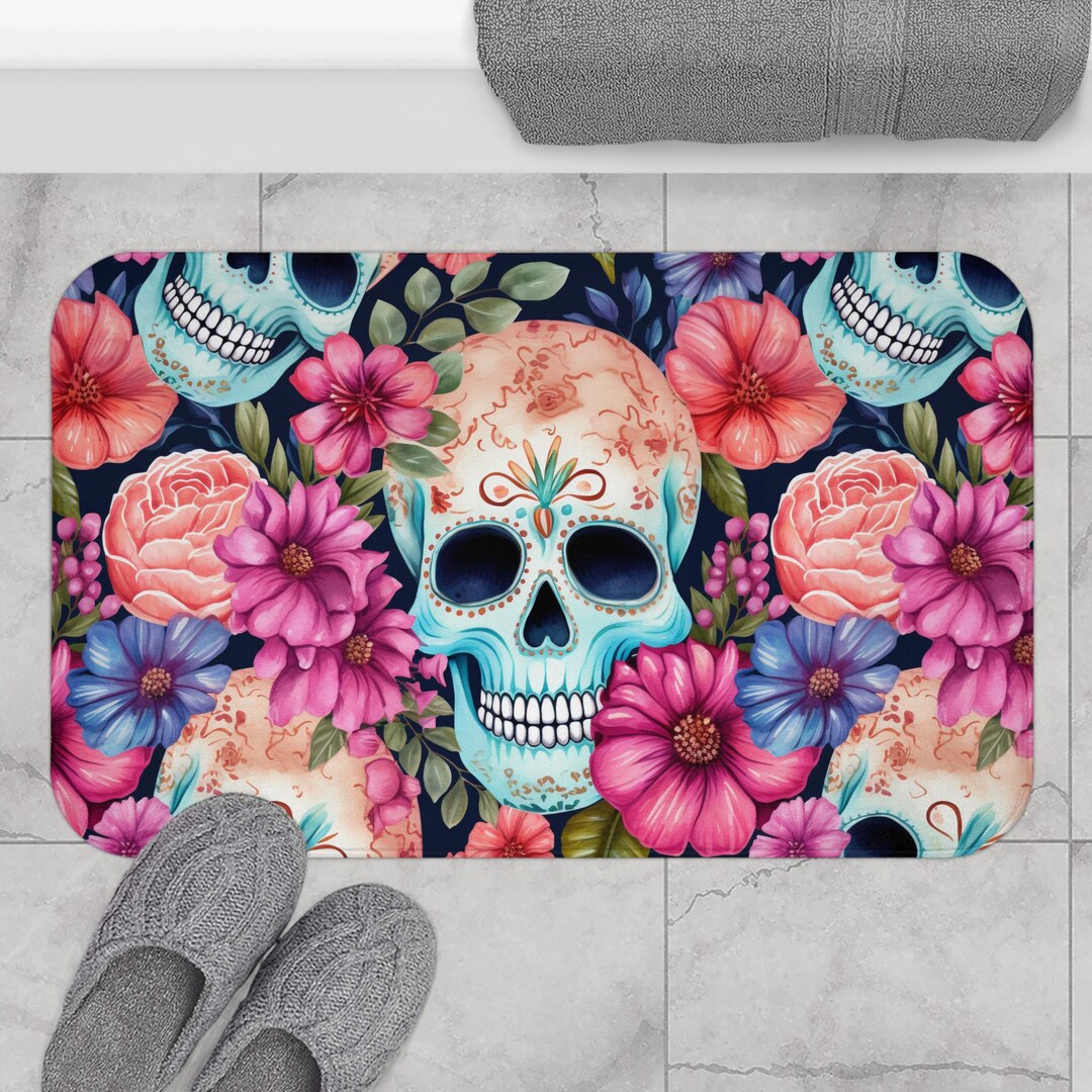 Floral Sugar Skulls Bath Mat - Non-slip Bathroom Rug, Day of the Dead ...