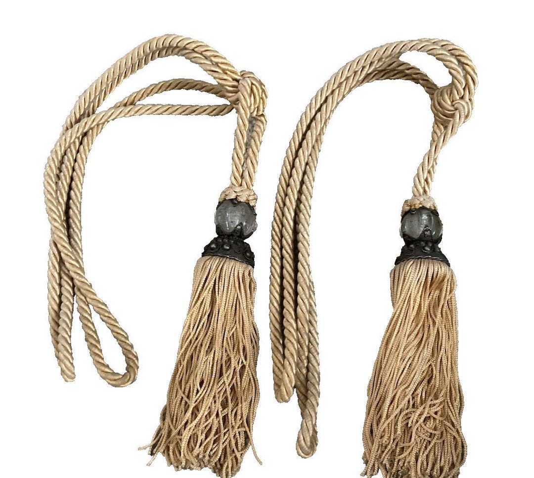 VTG Drapery Curtain Tie Backs Gold Twist Cord Rope Large Tassel Glass ...